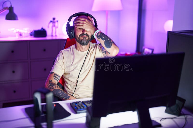 Young Bald Man Streamer Stressed Using Computer at Gaming Room Stock ...