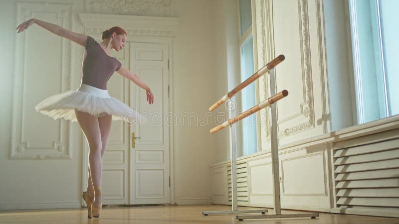 Young Ballerina in Tutu Skirt Dancing Practicing Ballet Positions in ...