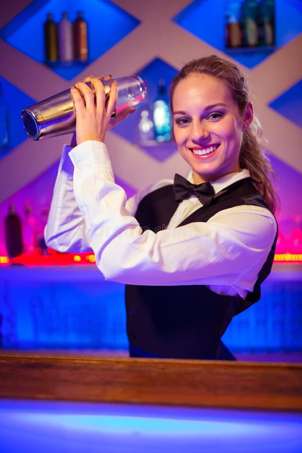 Young Barmaid with Cocktail Shaker at Counter Stock Image - Image of ...