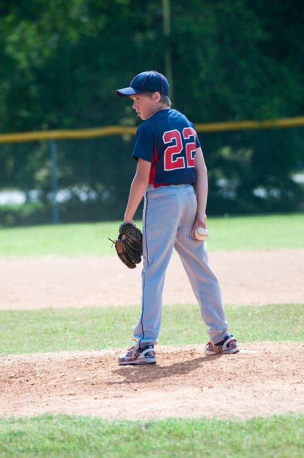 Little League Baseball Pitcher Looking at Batter. Stock Photo - Image ...