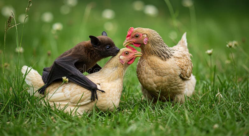 A Young Bat is Playfully Interacting with Two Chickens in a Grassy ...