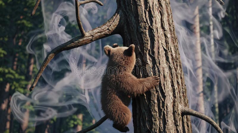 Young Bear Climbing a Tree in a Misty Forest. Wilderness Exploration ...