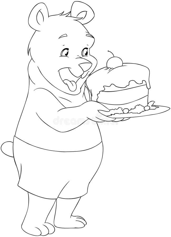 Young Bear Holding a Cake Coloring Page Stock Vector - Illustration of ...