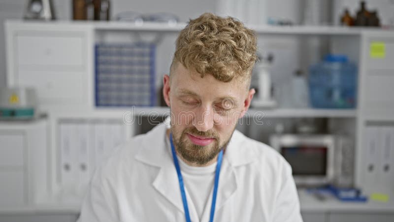 A Young, Bearded, Handsome Scientist in a White Lab Coat with Safety ...