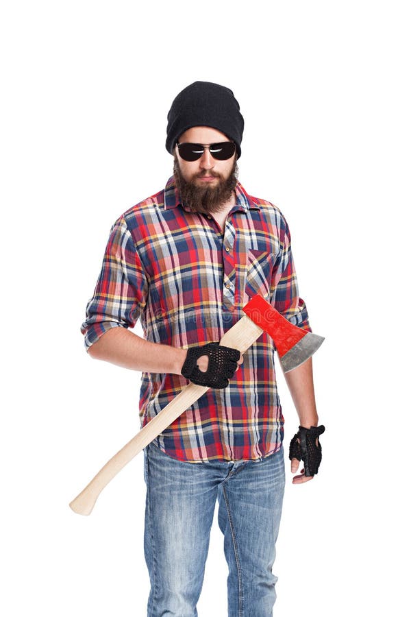 Young Bearded Lumberjack Posing with Ax Stock Photo - Image of ...