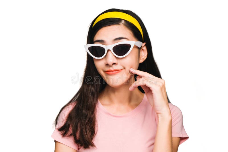 Young Beautiful Asian Woman Long Black Hair Wearing A Pink T Shirt