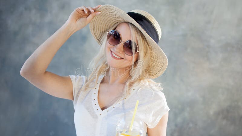 Young Beautiful Blonde Woman In Straw Hat Summer Style Sunglasses