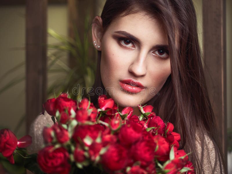 Young Beautiful Brunette Business Woman Florist Holding Trendy Bouquet