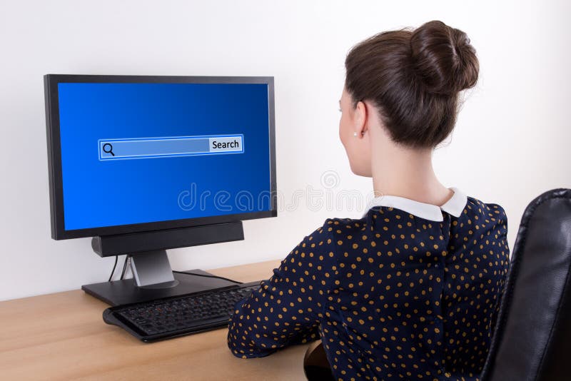 Young Beautiful Business Woman Using Pc with Search Bar on Scree Stock ...