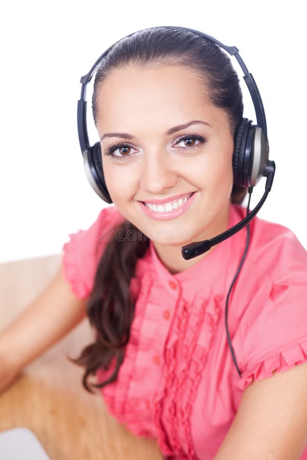 Female Operator Sitting at Office Desk with Headse Stock Photo - Image ...
