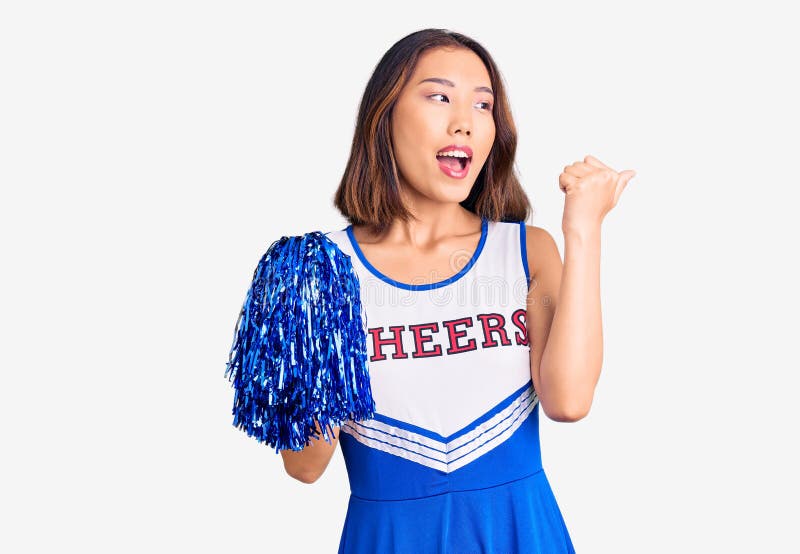 Young Beautiful Chinese Girl Wearing Cheerleader Uniform Holding Pompom