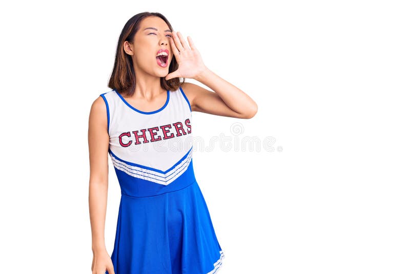 Young Beautiful Chinese Girl Wearing Cheerleader Uniform Shouting And
