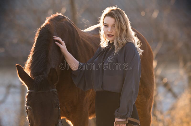 Young Beautiful Elegance Woman Posing with Horse Stock Image - Image of ...
