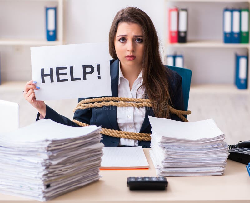 Young Beautiful Employee Tied Up with Rope in the Office Stock Photo ...