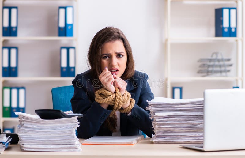 Young Beautiful Employee Tied Up with Rope in the Office Stock Photo ...