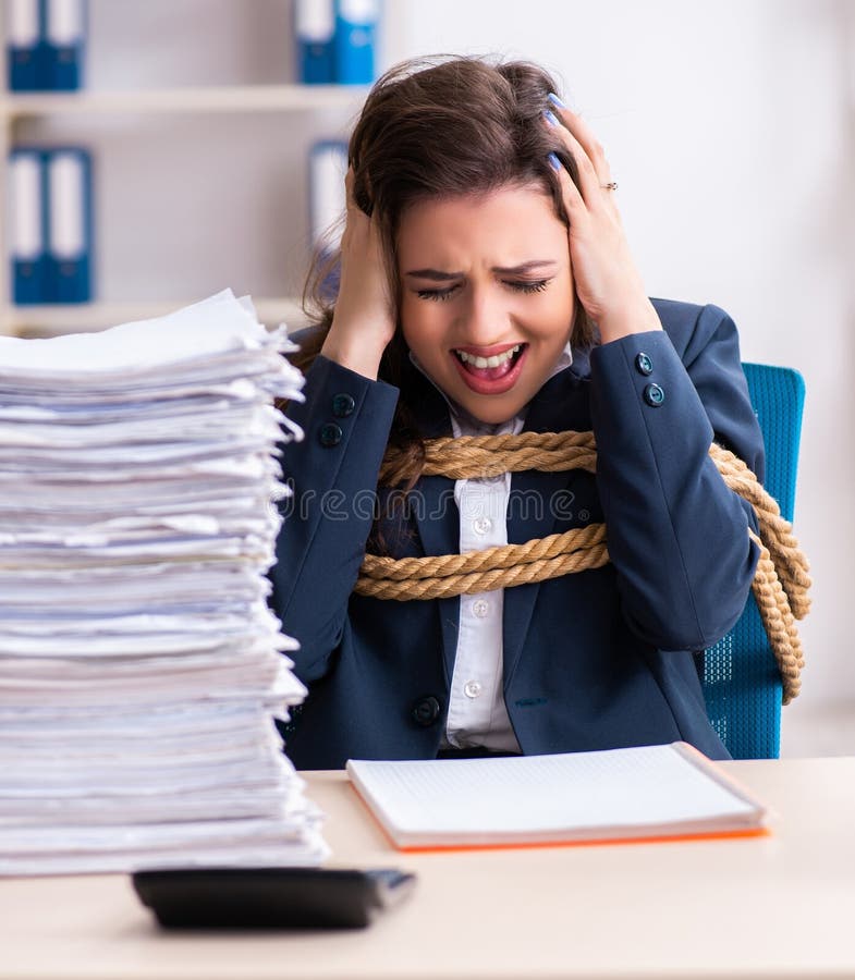 Young Beautiful Employee Tied Up with Rope in the Office Stock Photo ...