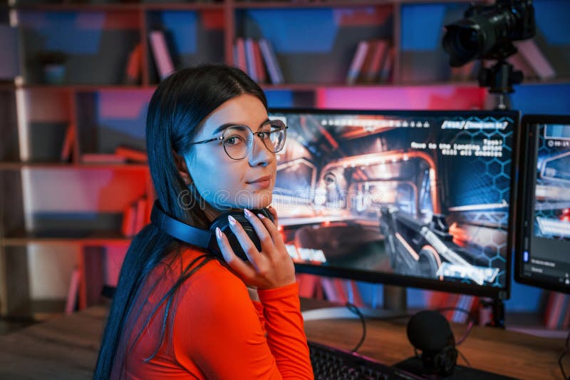 Young Beautiful Game Streamer is Indoors with Pc Stock Photo - Image of ...