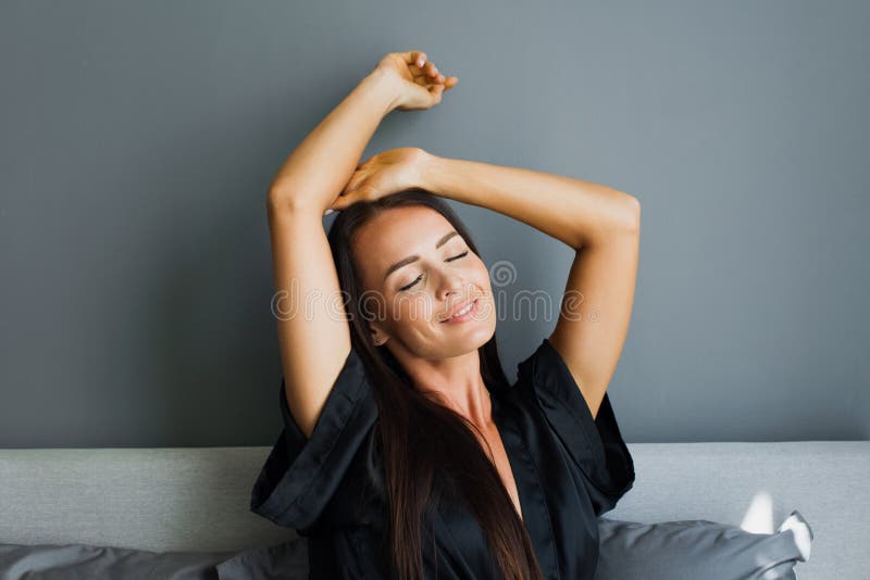 The Young Beautiful Gentle Woman Brunette Wakes Up Stock Image - Image ... The Young Beautiful Gentle Woman Brunette Wakes Up Stock Image - Image ...