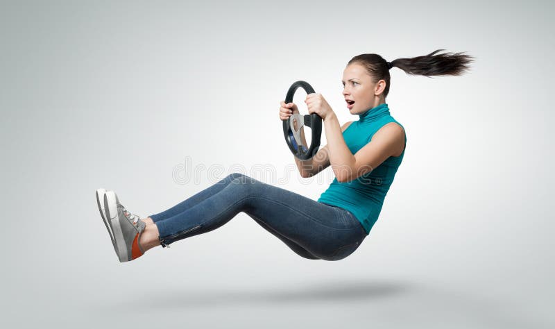Young Beautiful Girl Driver with a Wheel, Auto Concept Stock Image ...
