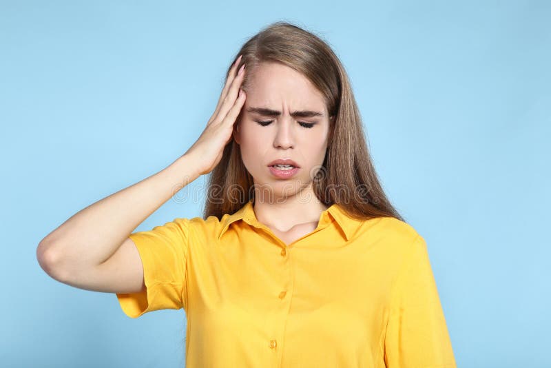 Girl having headache stock image. Image of grey, female - 121158059
