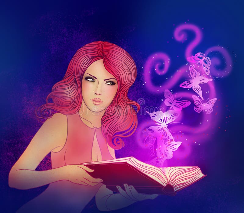 Young Beautiful Girl Holding a Magic Book Stock Illustration ...