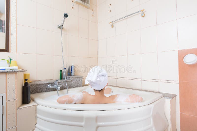 Young Beautiful Girl Showering in Bathtub. Stock Photo - Image of ...
