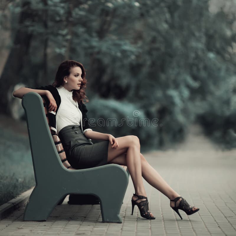 Young Beautiful Girl Sitting on Bench Stock Photo - Image of fashion ...