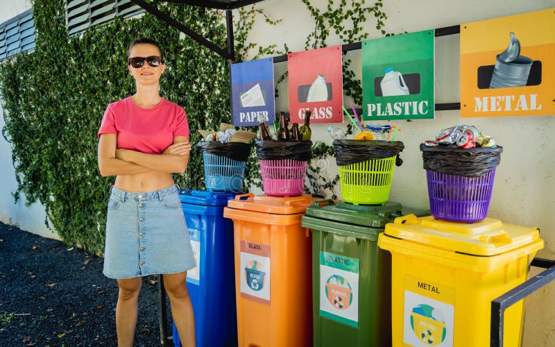 A Young Beautiful Girl Throws Sorted Garbage into Special Bins Stock ...