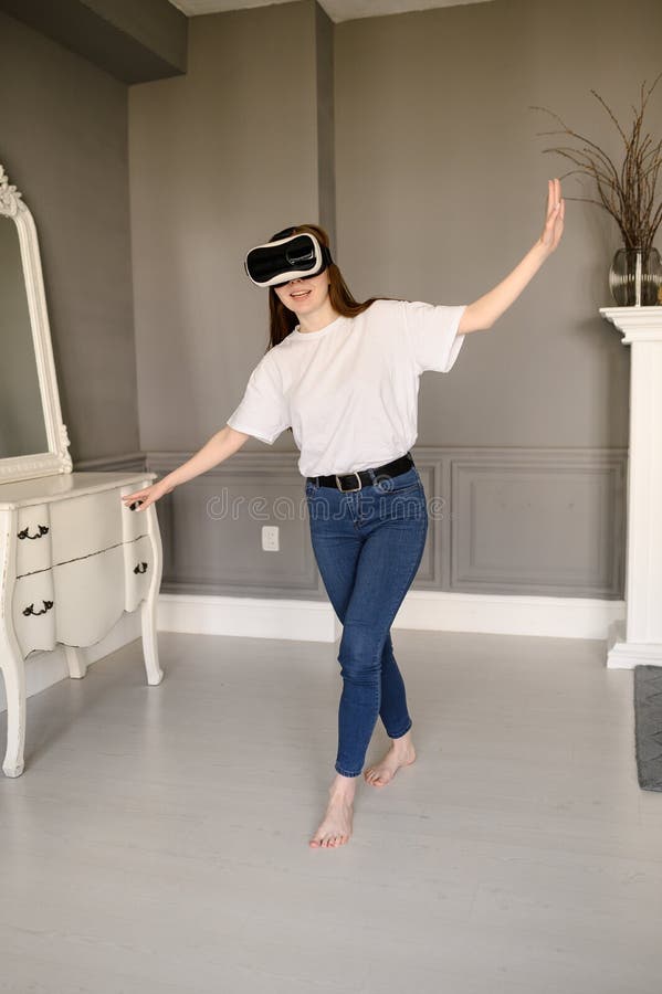 Young Beautiful Girl Using VR in the Living Room Stock Image - Image of ...