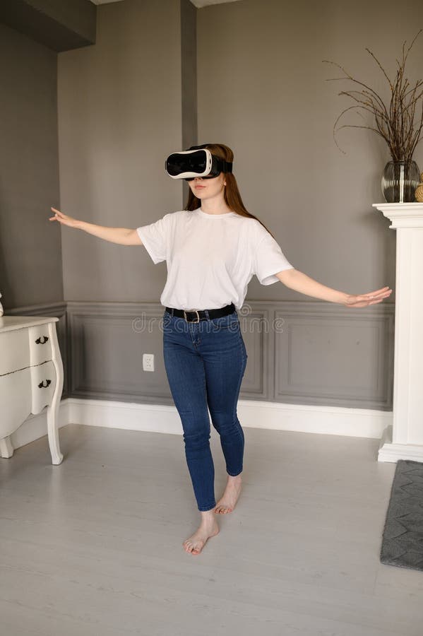 Young Beautiful Girl Using VR in the Living Room Stock Photo - Image of ...
