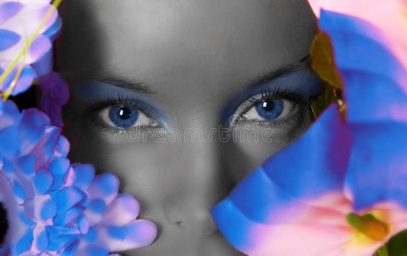 Young Beautiful Girl Watching through Flowers Stock Image - Image of ...
