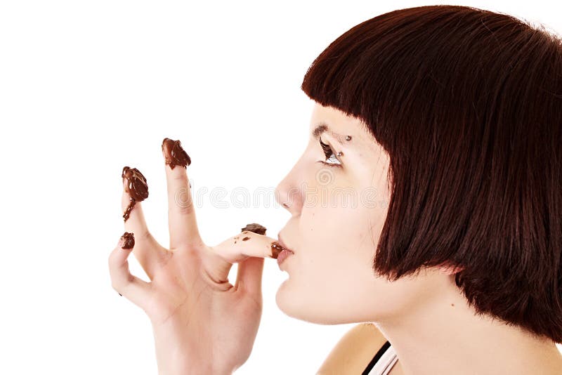 Young Beautiful Glutton Eat Chocolate Isolated Stock Photo - Image of ...