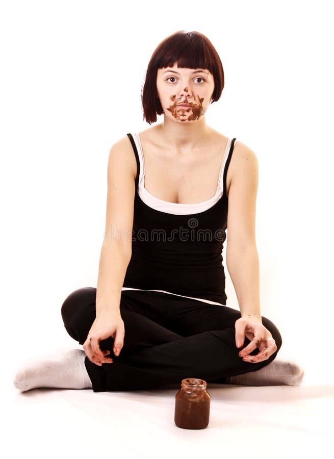 Young Beautiful Glutton Eat Chocolate Isolated Stock Photo - Image of ...