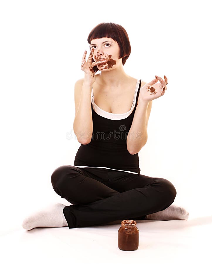 Young Beautiful Glutton Eat Chocolate Isolated Stock Image - Image of ...