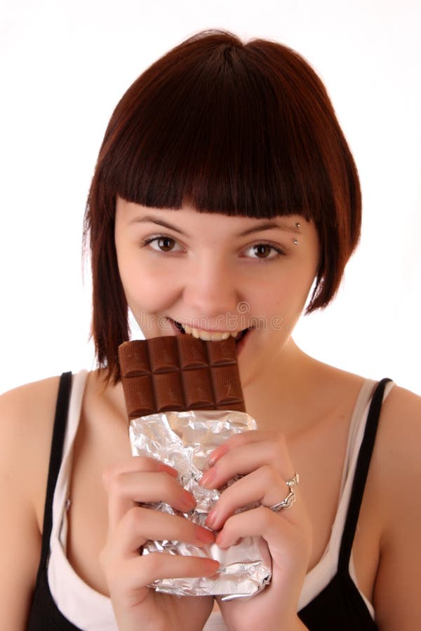 Young Beautiful Glutton Eat Chocolate Isolated Stock Photo - Image of ...