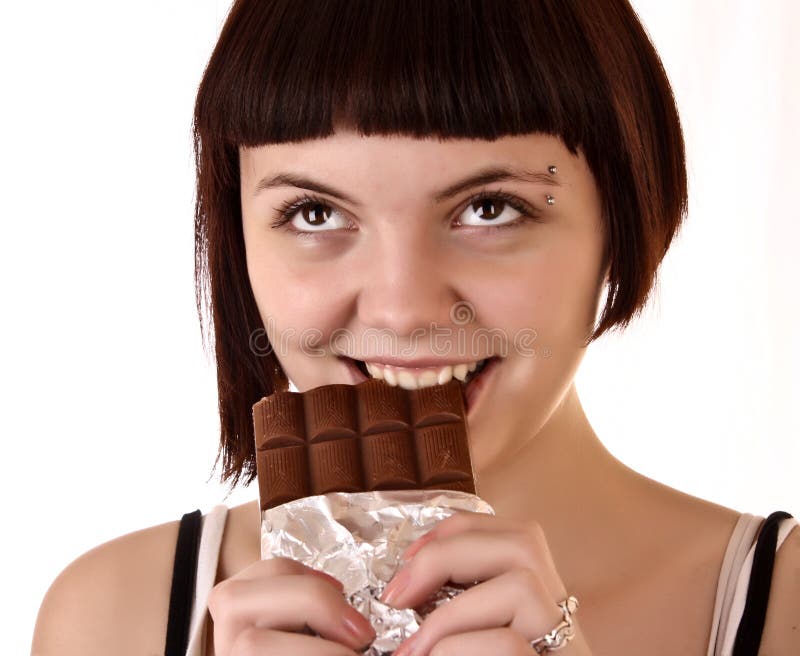 Young Beautiful Glutton Eat Chocolate Isolated Stock Photo - Image of ...