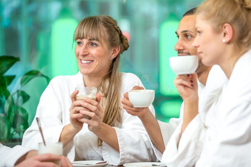 Young Beautiful Group are Doing Wellness with Coffee and a Champagne ...