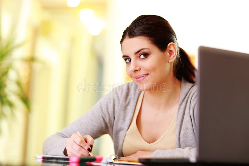 Young Beautiful Happy Woman Writing Notes Stock Image - Image of cute ...