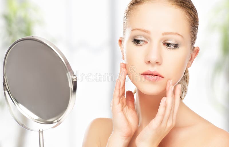 Young Beautiful Healthy Woman and Reflection in the Mirror Stock Image ...