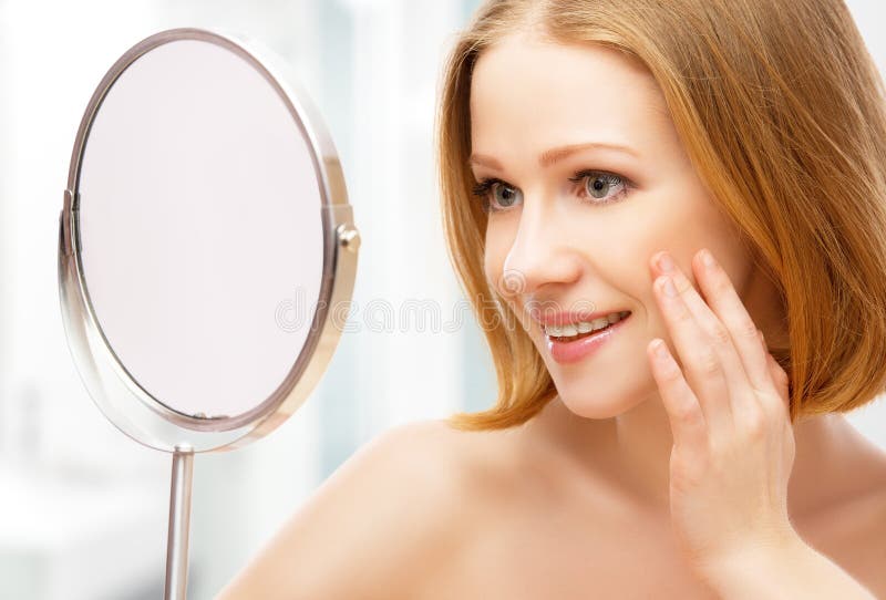Young Beautiful Healthy Woman and Reflection in the Mirror Stock Image ...