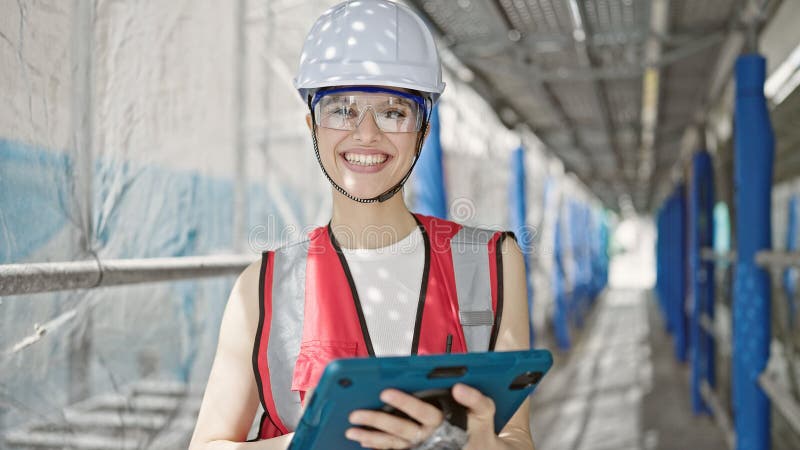 Young Beautiful Hispanic Woman Builder Smiling Confident Using Touchpad ...