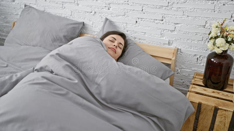 Young Beautiful Hispanic Woman Lying on Bed Sleeping at Bedroom Stock ...