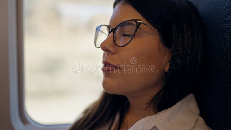 Young Beautiful Hispanic Woman Sleeping Inside Train Wagon Stock Image ...