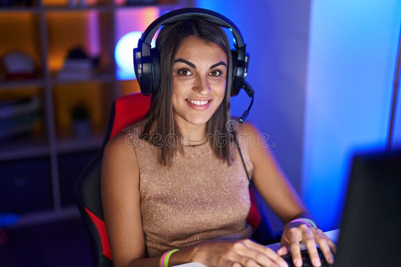 Young Beautiful Hispanic Woman Streamer Playing Video Game Using ...