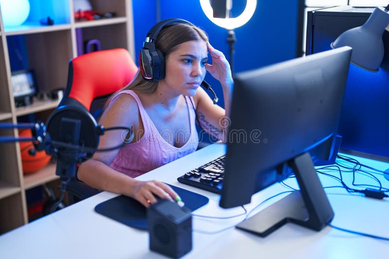Young Beautiful Hispanic Woman Streamer Playing Video Game Using ...
