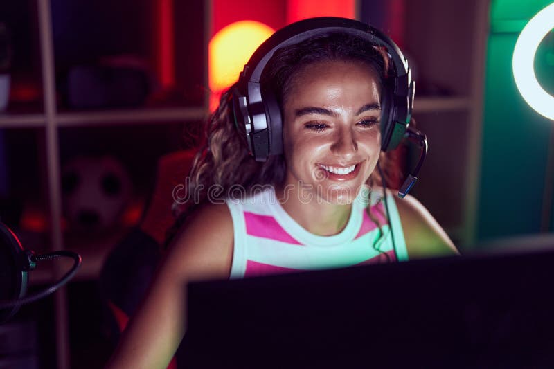 Young Beautiful Hispanic Woman Streamer Playing Video Game Using ...