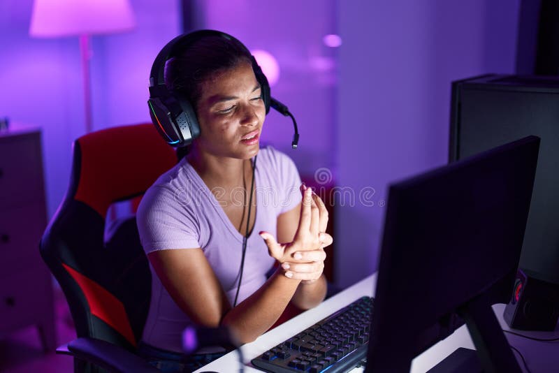 Young Beautiful Hispanic Woman Streamer Stressed Using Computer at ...