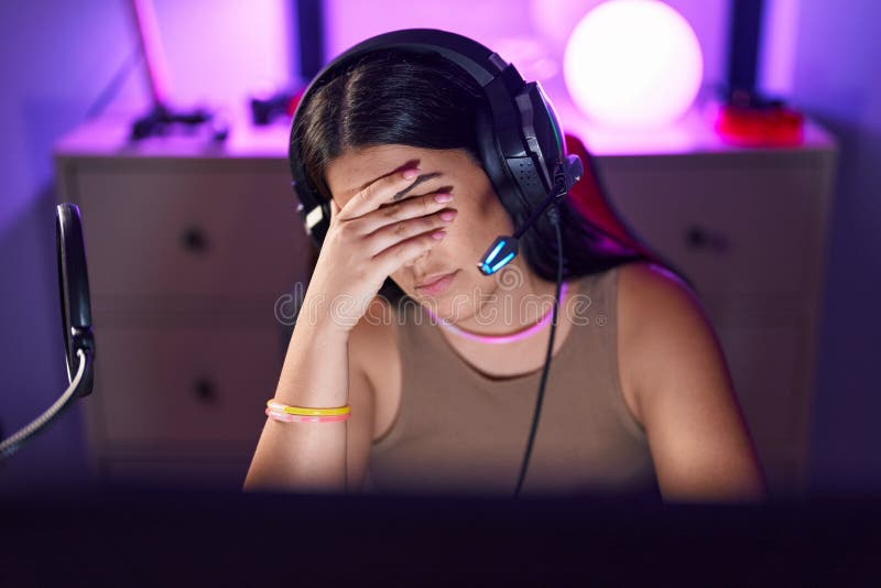Young Beautiful Hispanic Woman Streamer Stressed Using Computer at ...