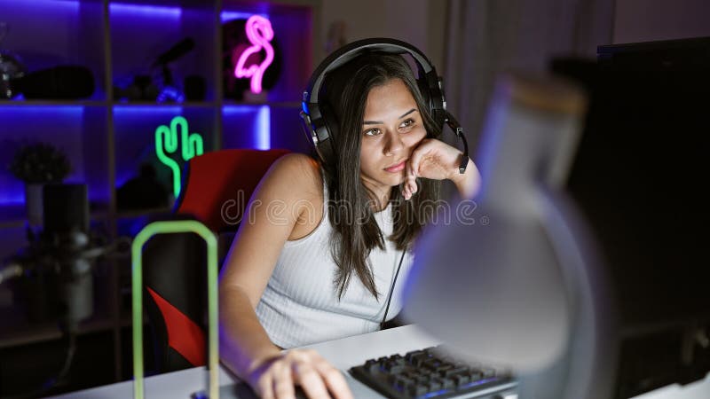 Young Beautiful Hispanic Woman Streamer Tired Using Computer at Gaming ...