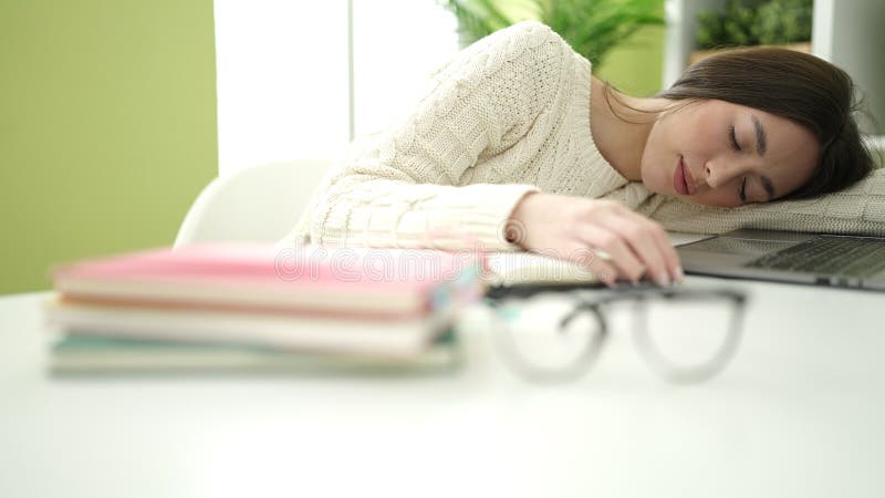 Young Beautiful Hispanic Woman Student Sleeping on Table at Home Stock ...